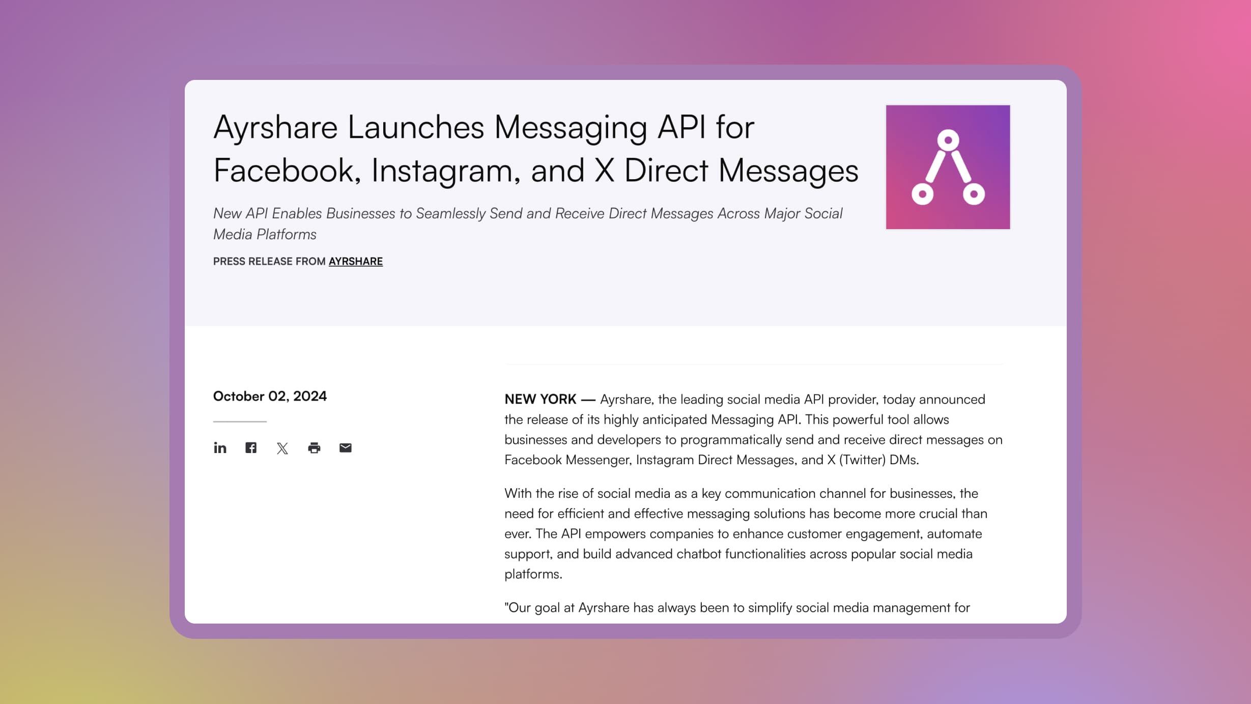 Ayrshare Launches Messaging API for Facebook, Instagram, and X Direct ...